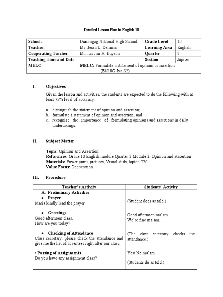 LP Opinion and Assertion | PDF | Teachers | Lesson Plan