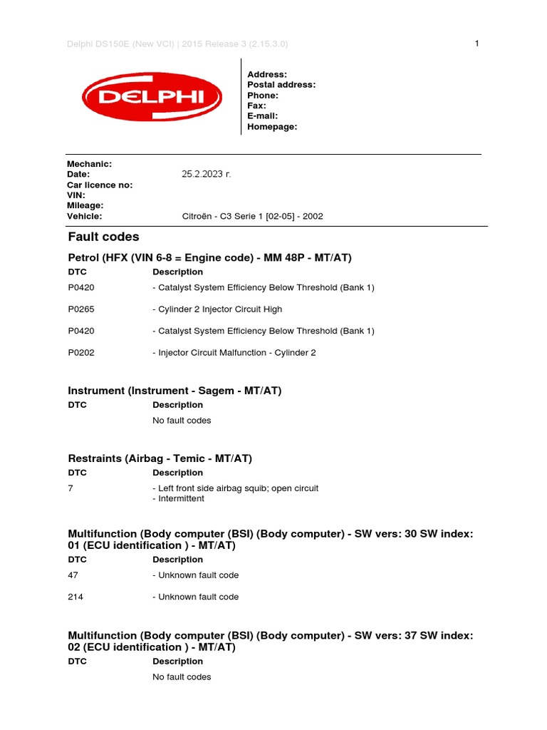 Citroën C3 Diagnostic Trouble Codes | PDF
