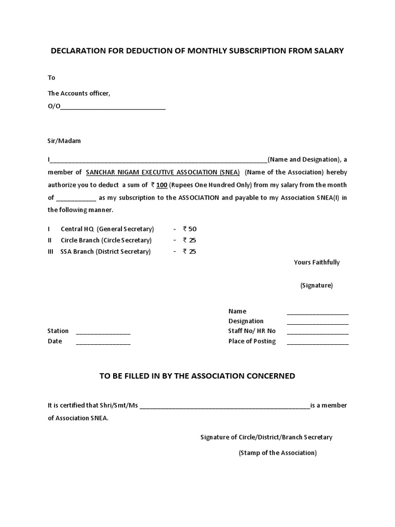 SNEA Subscription Deduction Authorization | PDF | Finance & Money ...