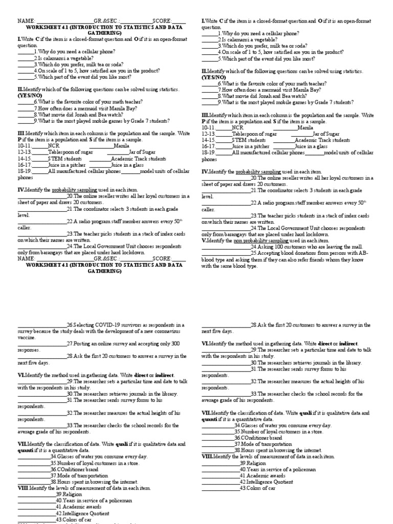 Intro to Statistics Worksheet 4.1 | PDF | Data | Statistics