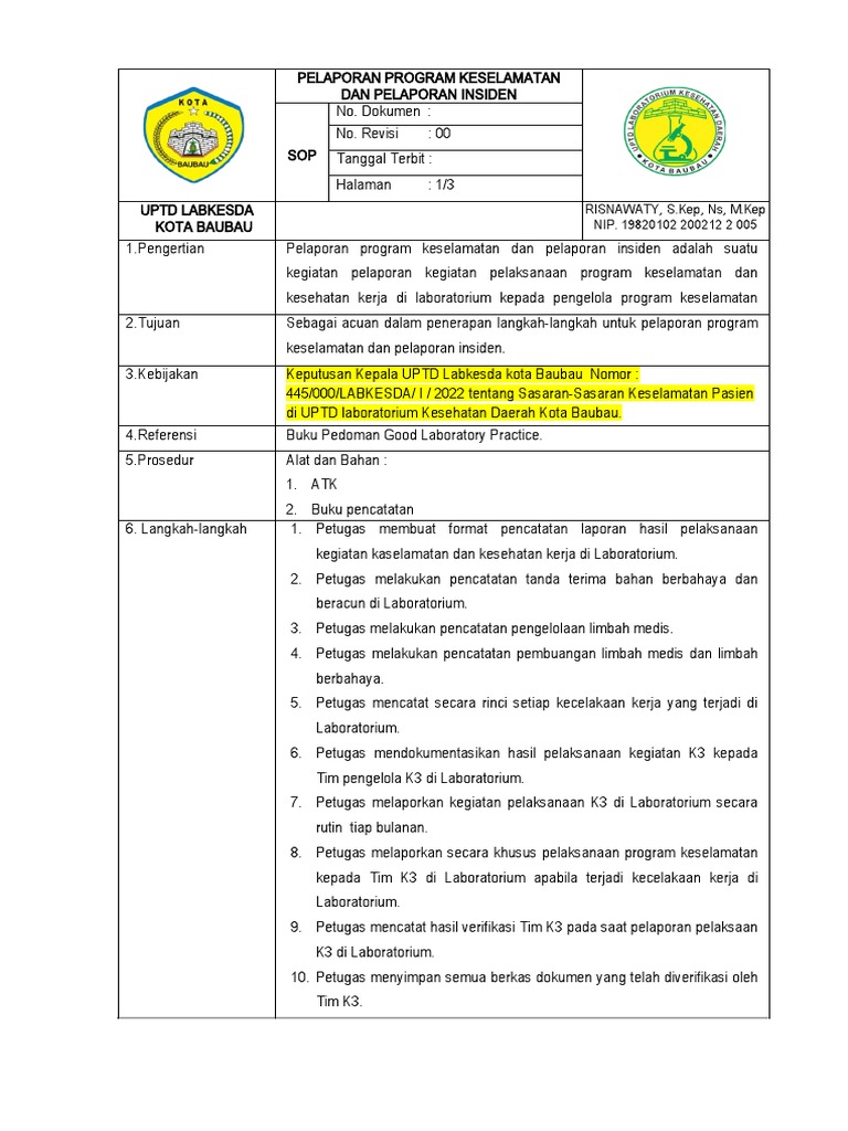Sop Pelaporan Program Keselamatan Dan Pelaporan Insiden | PDF
