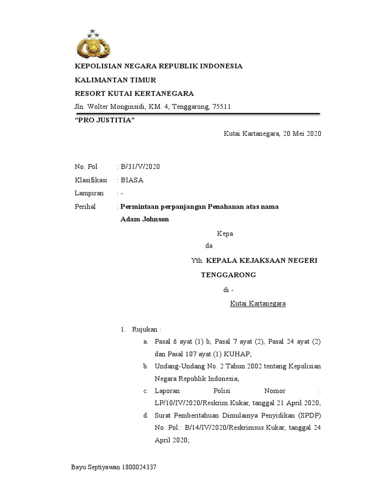 Surat Permintaan Perpanjangan Penahanan | PDF