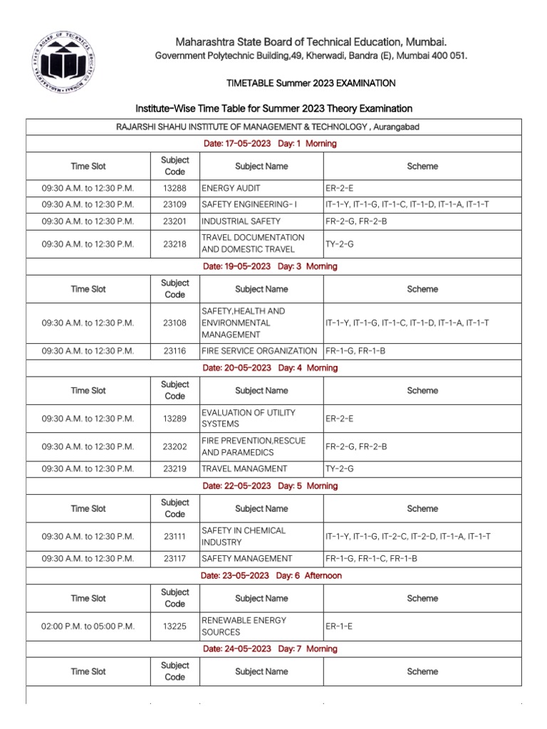 Time Table For Summer 2023 Theory Examination | PDF | Occupational ...