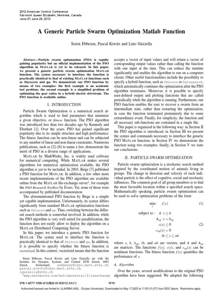 A Generic Particle Swarm Optimization Matlab Function | PDF | Matlab | Mathematical Optimization