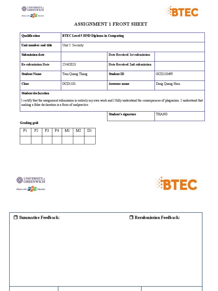1 - Unit 5 - Assignment 1 Frontsheet | PDF