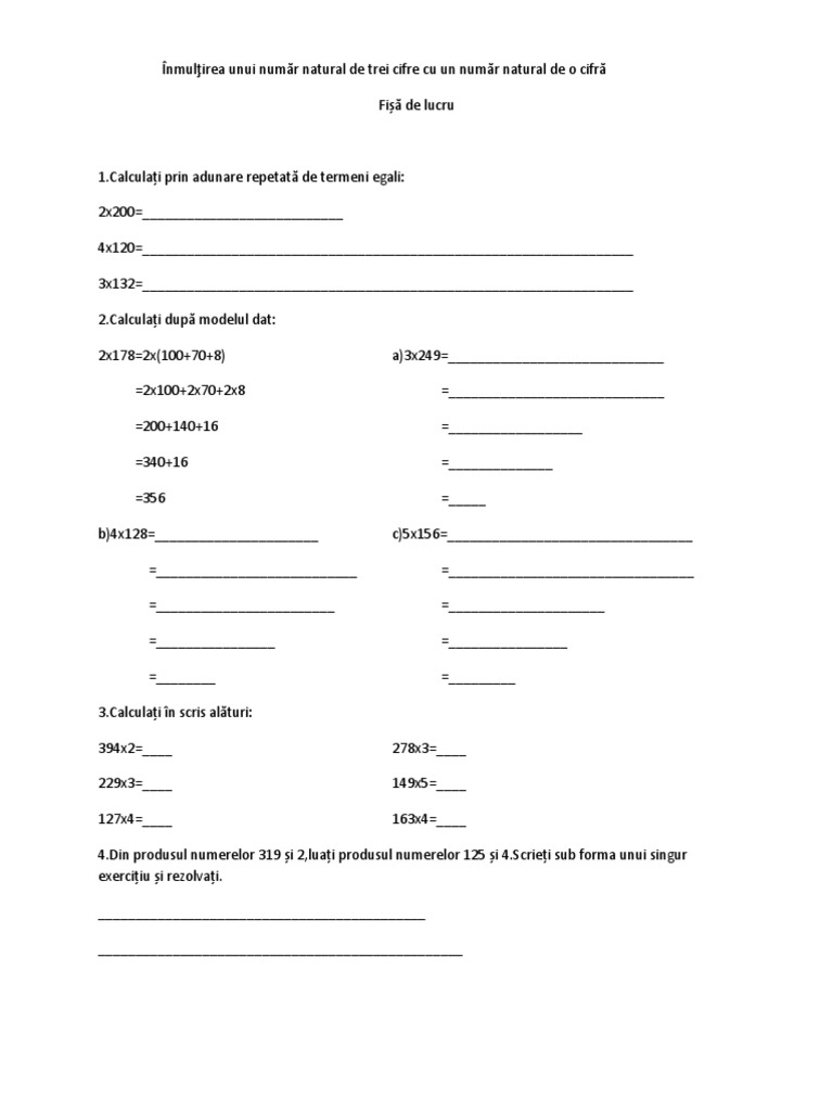 Fisa de Lucru Inmultirea Unui Numar Natural de Trei Cifre Cu Un Numar ...