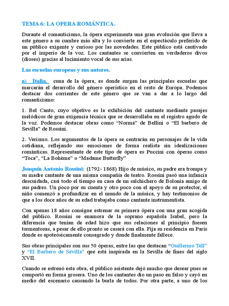 Tema 6. Opera Romantica | PDF | Ópera | Música vocal