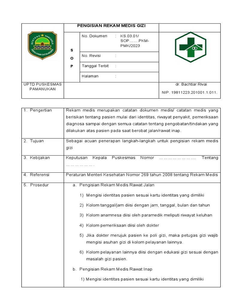 Sop Pengisian Rekam Medis Gizi | PDF