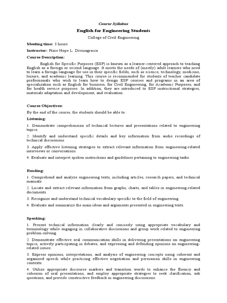 Draft 1 ESP COURSE SYLLABUS FOR ENGINEERING | PDF | Critical Thinking ...
