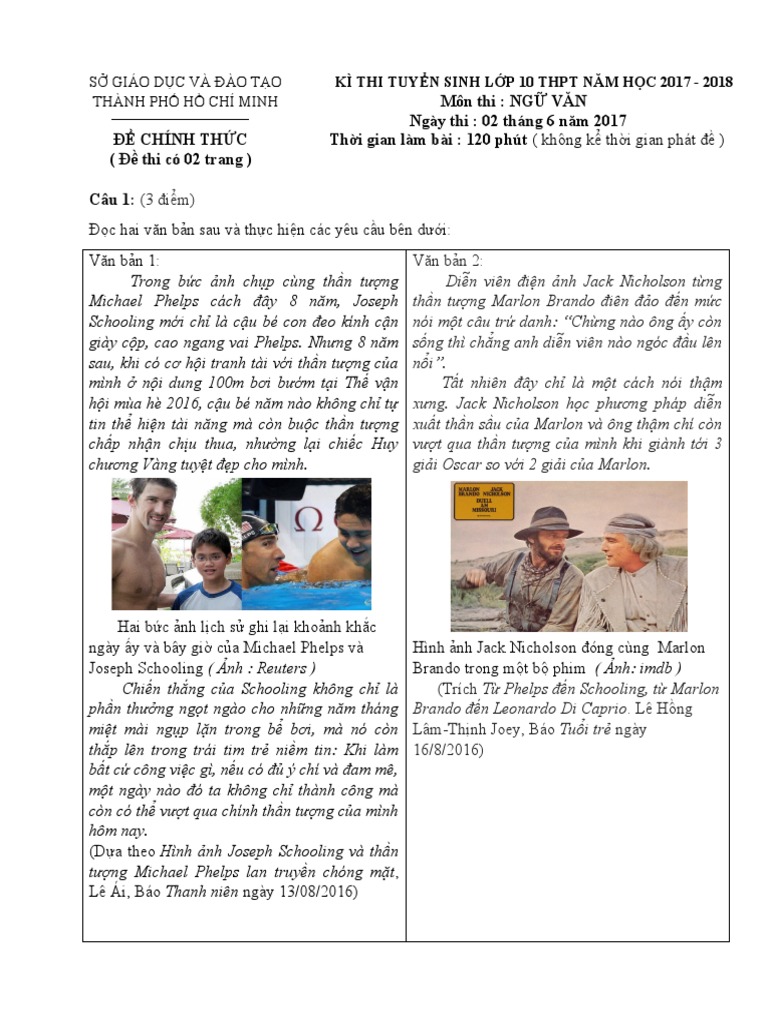 De Thi Tuyen Sinh 10 Mon Van TPHCM Nam 2017 2018 | PDF