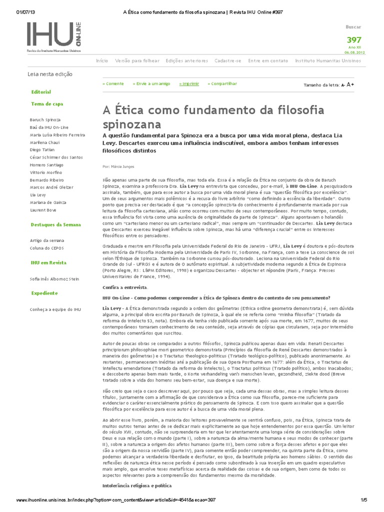 A Ética Como Fundamento Da Filosofia Spinozana - Revista IHU Online #397 | PDF | Ontologia ...