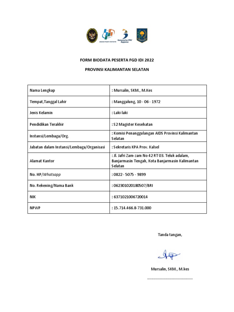 Form Biodata Peserta FGD Idi 2022 | PDF