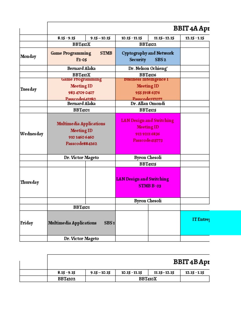 4th Year BBIT APRIL-JULY 2023 TIMETABLE | PDF | Computing | Information ...