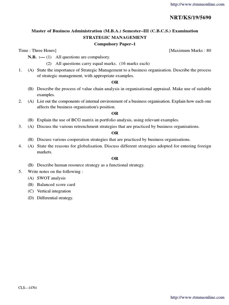 Mba 3 Sem Strategic Management p1 5690 Summer 2019 | PDF