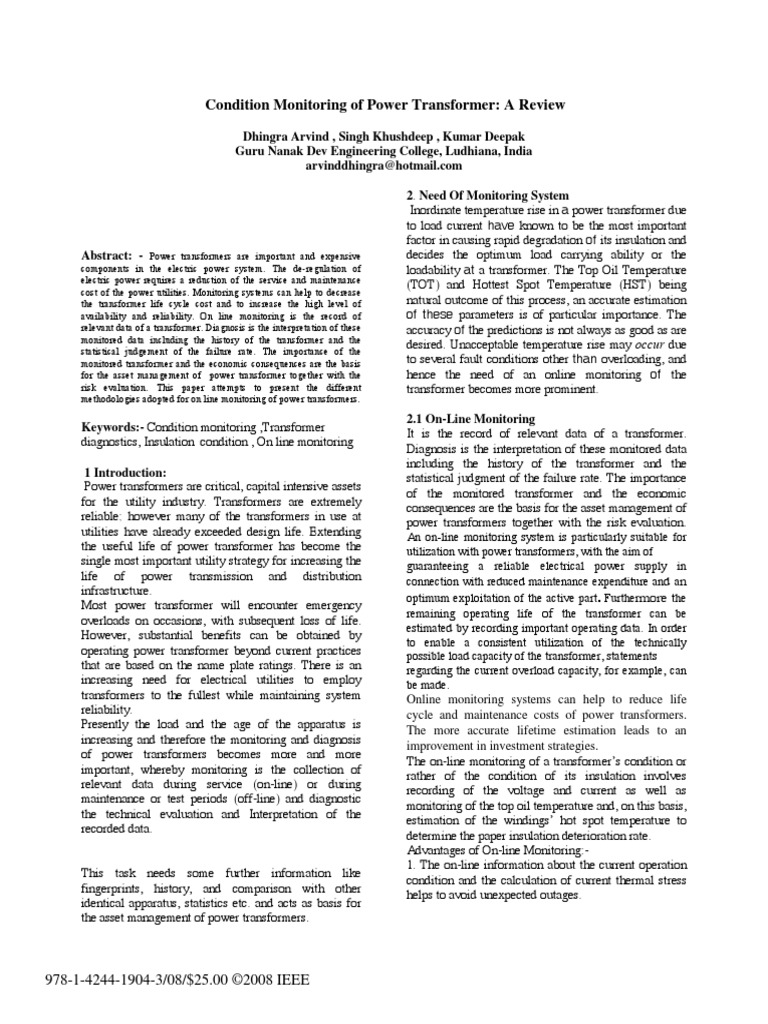 Condition Monitoring of Power Transformer: A Review | PDF