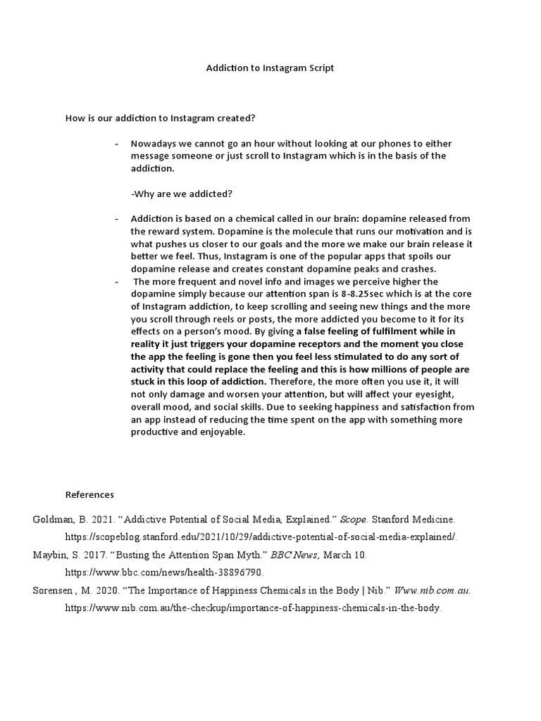 Addiction To Instagram Script | PDF | Dopamine | Social Psychology