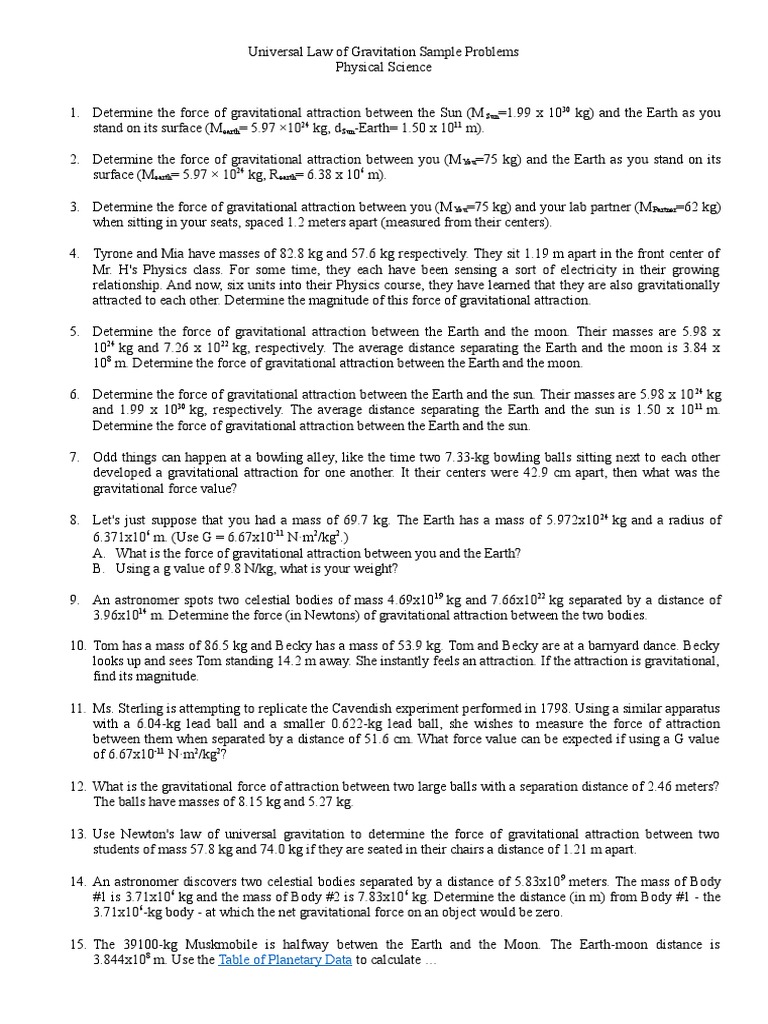 Universal Law of Gravitation Sample Problems | PDF | Science & Mathematics