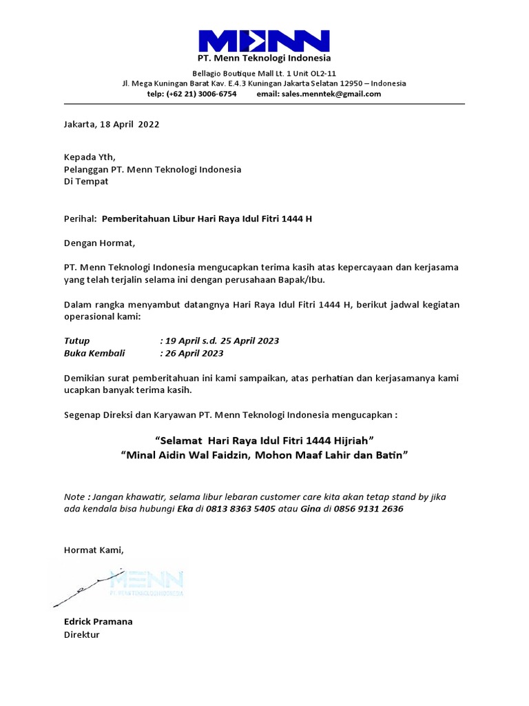Surat Pemberitahuan Libur Lebaran - Customer | PDF
