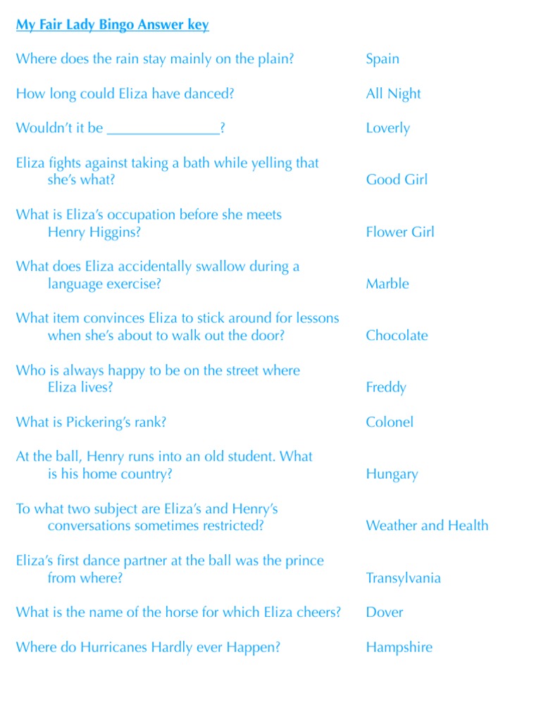 MFL Bingo Answer Key | PDF | Pygmalion (Play) | Plays Adapted Into Films