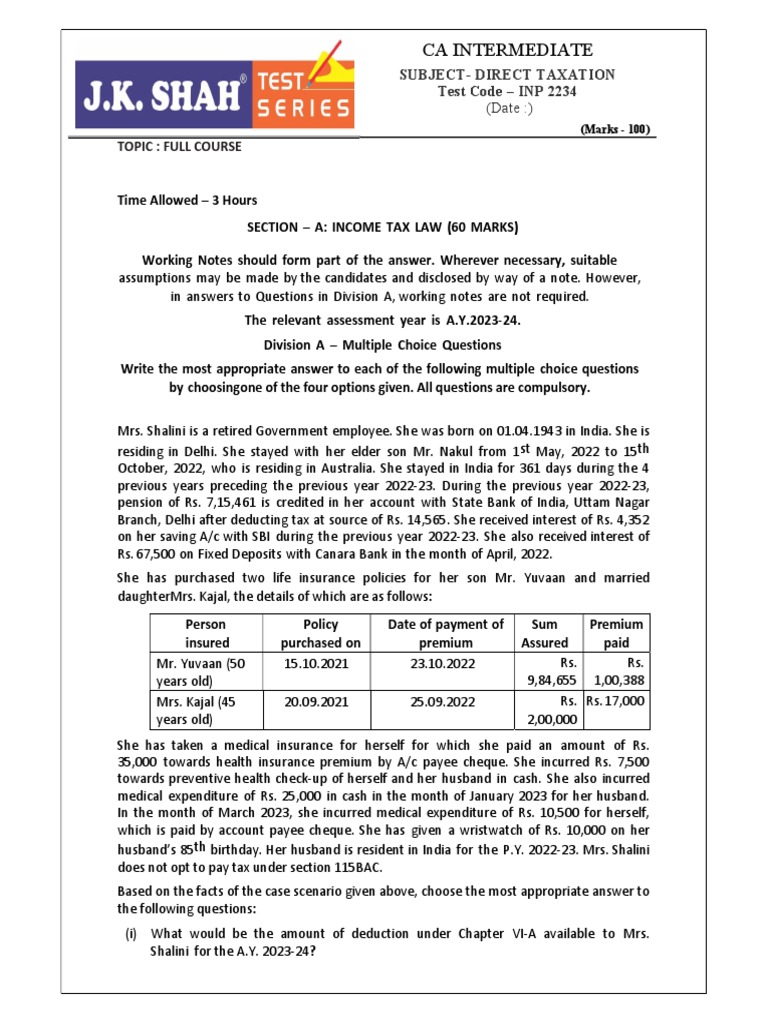 Direct Taxation Assessment A.Y. 2023-24 | PDF | Taxes | Valuation (Finance)