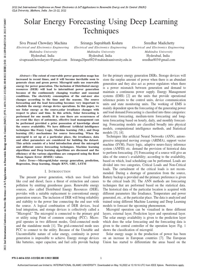 Solar Energy Forecasting Using Deep Learning Techniques Pdf Regression Analysis Machine