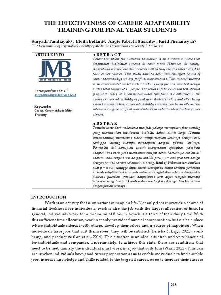 The Effectiveness of Career Adaptability Training For Final Year Students | PDF | P Value | Self ...