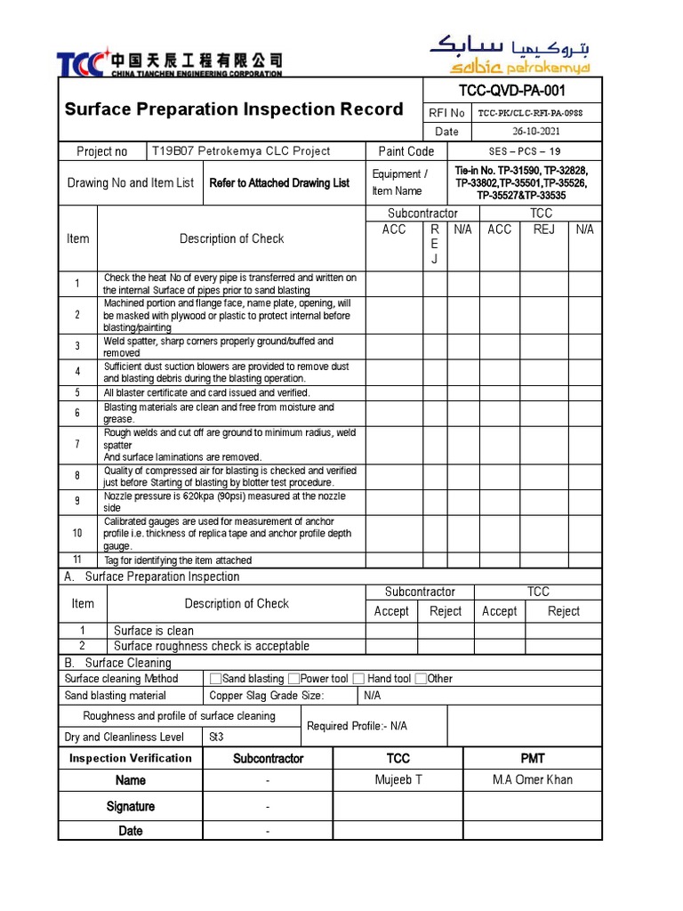 Surface Preparation Inspection Record | PDF | Pipe (Fluid Conveyance ...