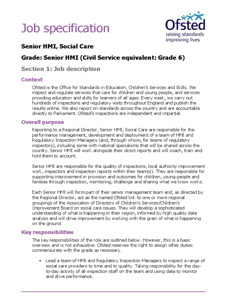 Job Specification: Senior HMI, Social Care Grade: Senior HMI (Civil ...