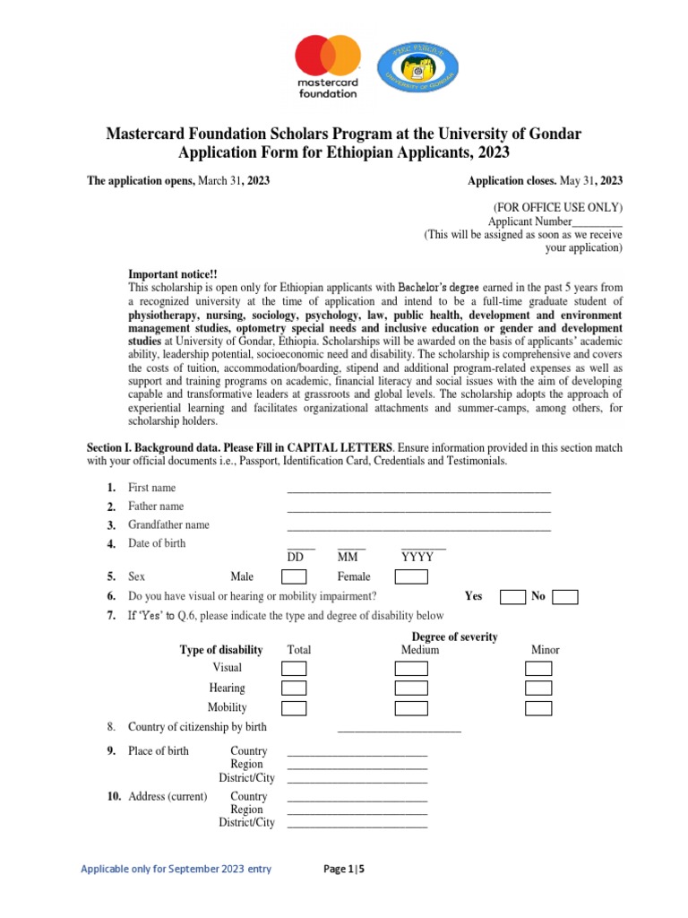 Mastercard Foundation Scholars Program Application | PDF