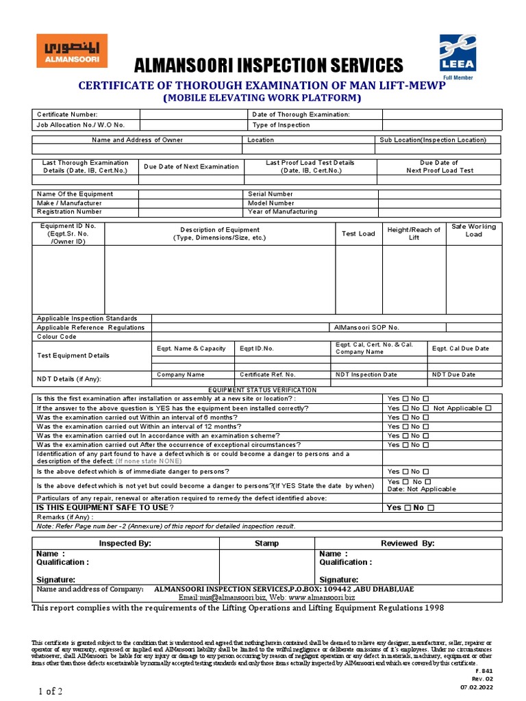 F.841 - Certificate of Thorough Examination of Manlift - MEWP Rev.02 ...
