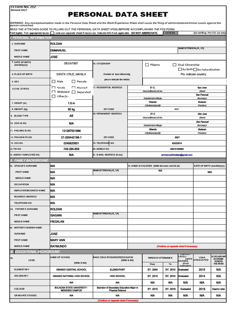 Personal Data Sheet CS Form No. 212 Revised 2017 | PDF
