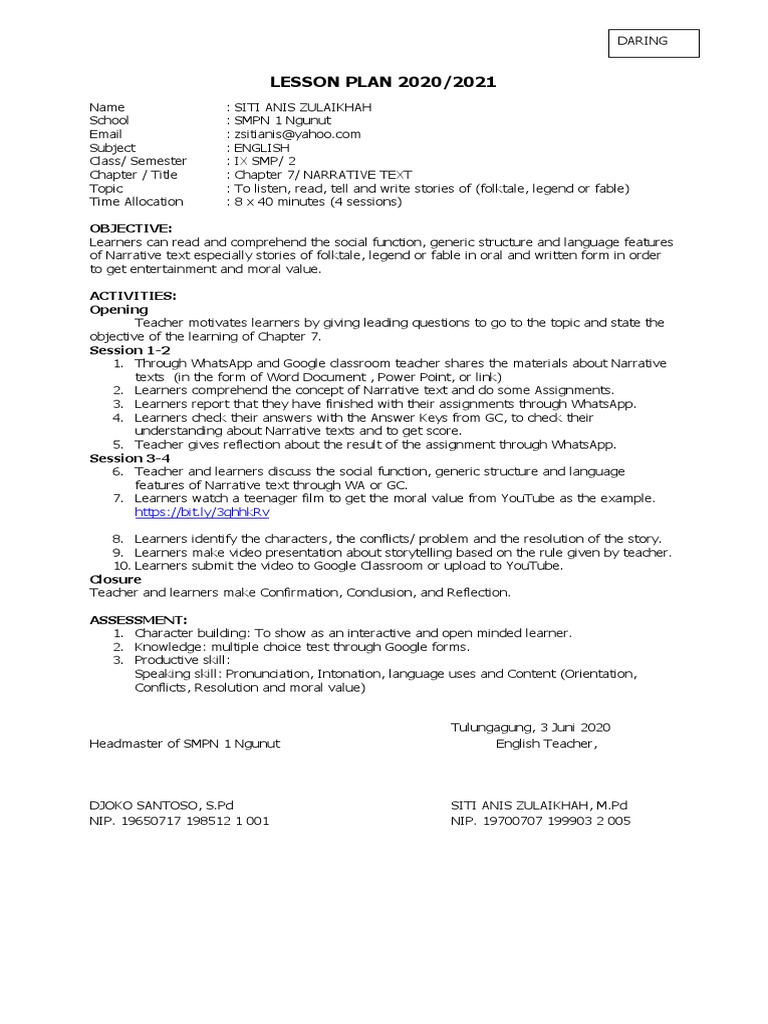 Lesson Plan Narrative Text Grade Ix | Download Free PDF | Narrative ...