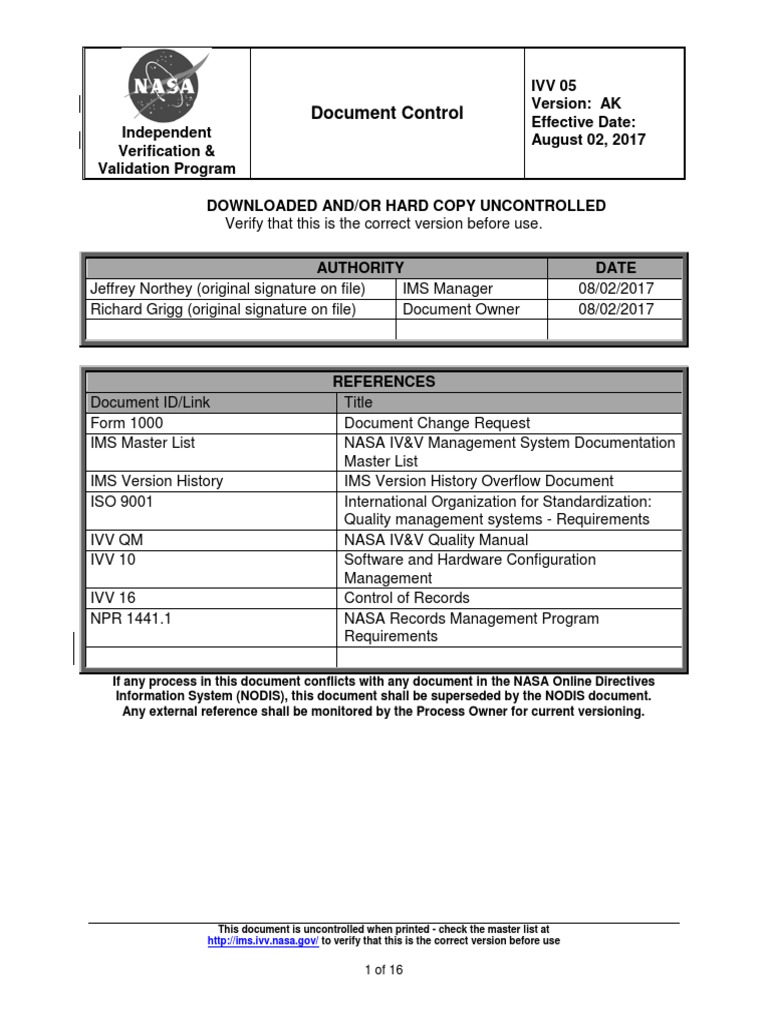 Document Control Procedure NASA IVV 05 | PDF | Verification And ...