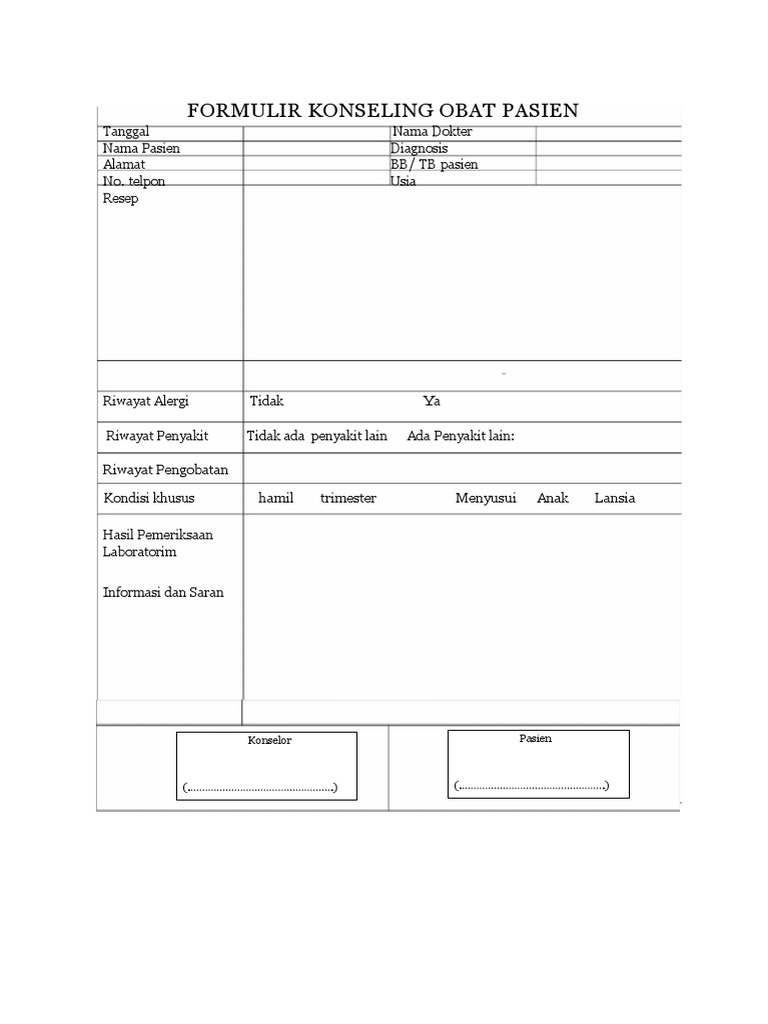 Formulir Konseling Obat Pasien Blank Kosong | PDF