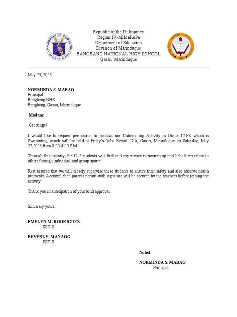 Letter For Culminating Activity P.E | PDF