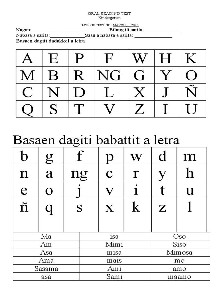 Kinder Oral Reading PRETEST | PDF