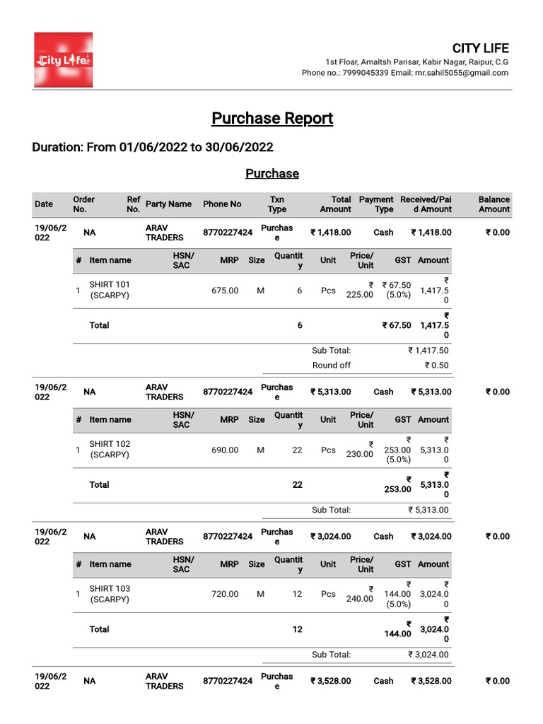 Purchase Report 01-06-2022 To 30-06-2022 | PDF | Payments ...