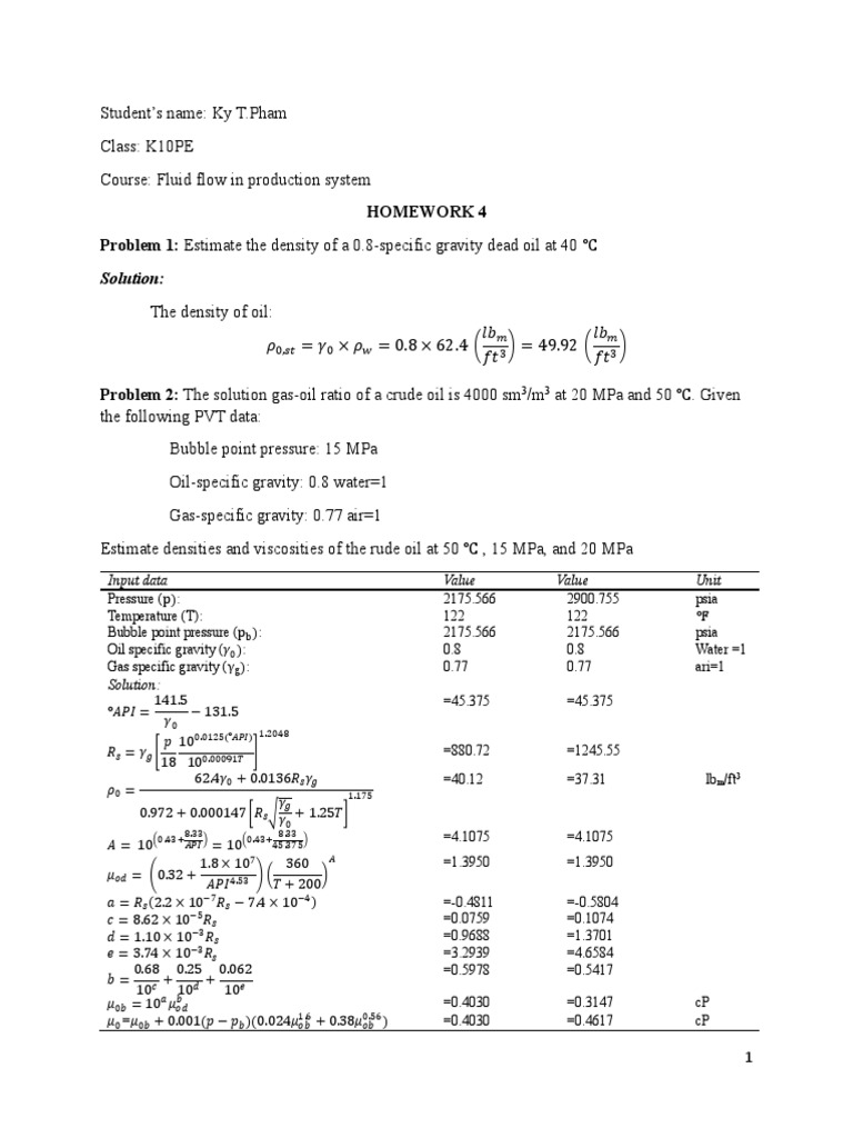 Homework 4 Problem 1: Estimate The Density of A 0.8-Specific Gravity Dead Oil at 40 | PDF ...