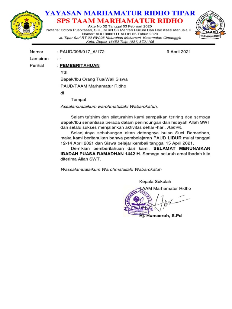 Surat Pemberitahuan Libur Awal Ramadhan 1442 | PDF