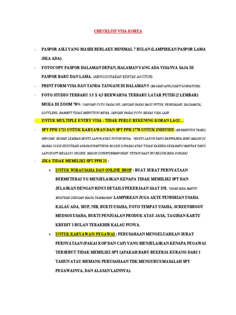 Checklist Visa Korea 2023 | PDF