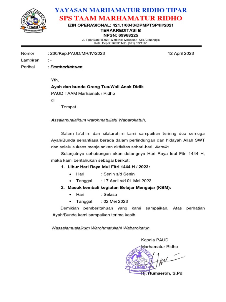 Surat Pemberitahuan Libur Hari Raya Idul Fitri 2023 | PDF