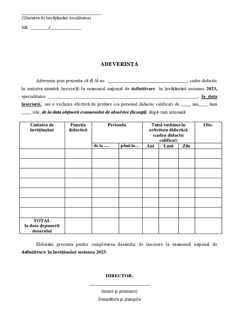 Model Adeverinta Vechime Definitivat | PDF