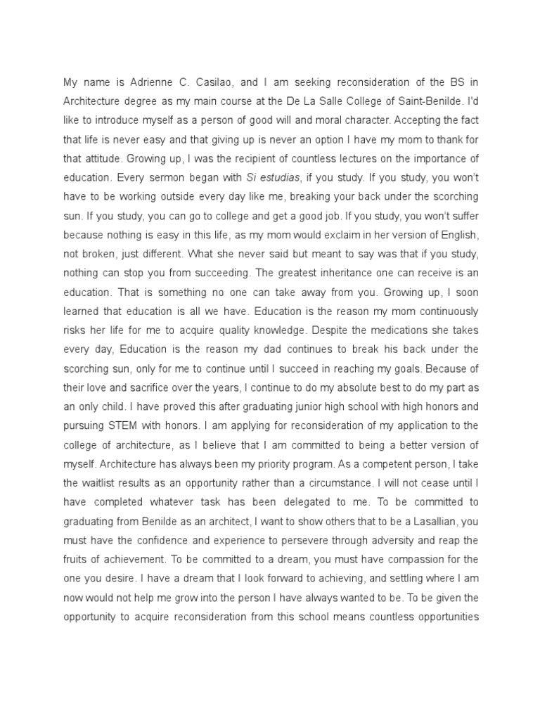 Waitlist Letter College of Architecture - Benilde | PDF