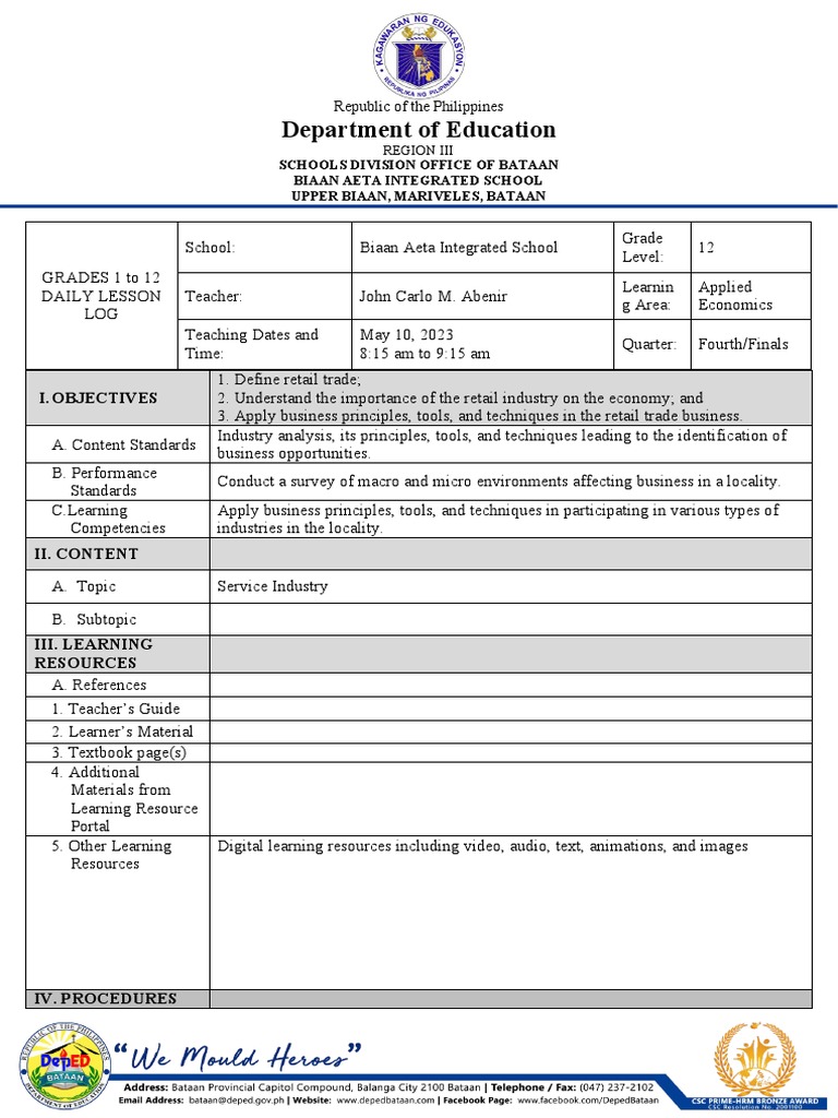 Applied Economics Lesson Plan | PDF | Learning | Retail
