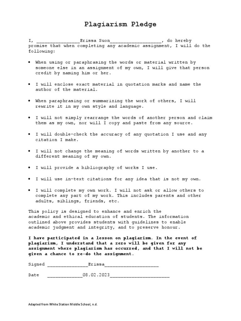Plagiarism Pledge for Students | PDF