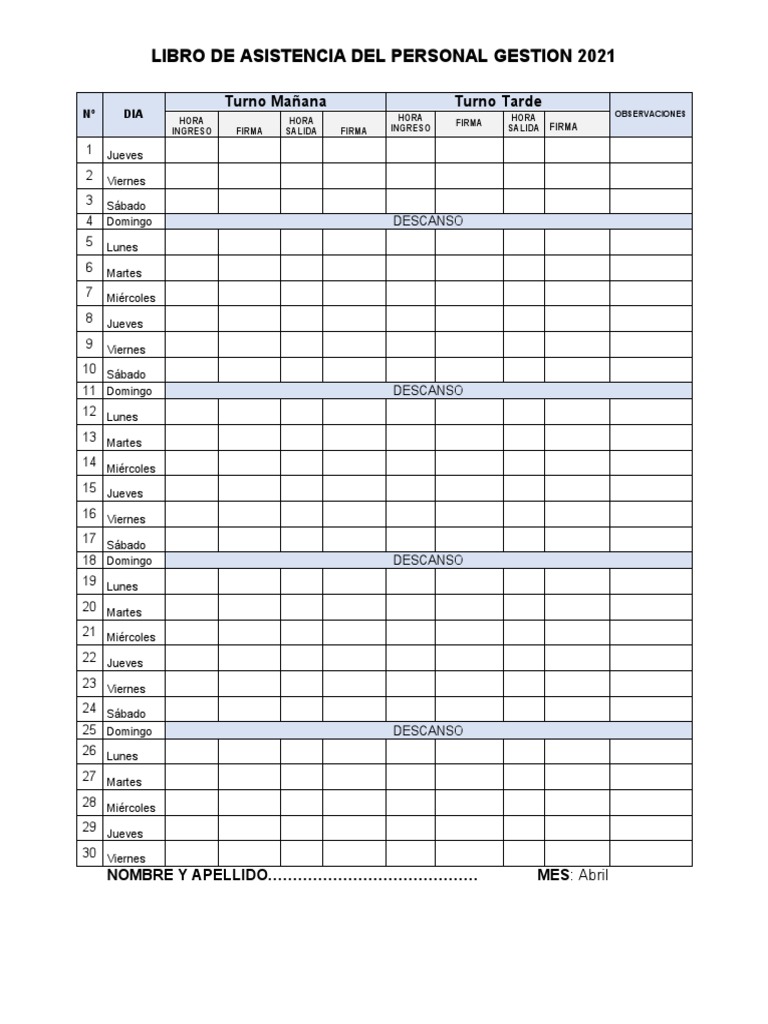 Libro de Asistencia Abril | PDF