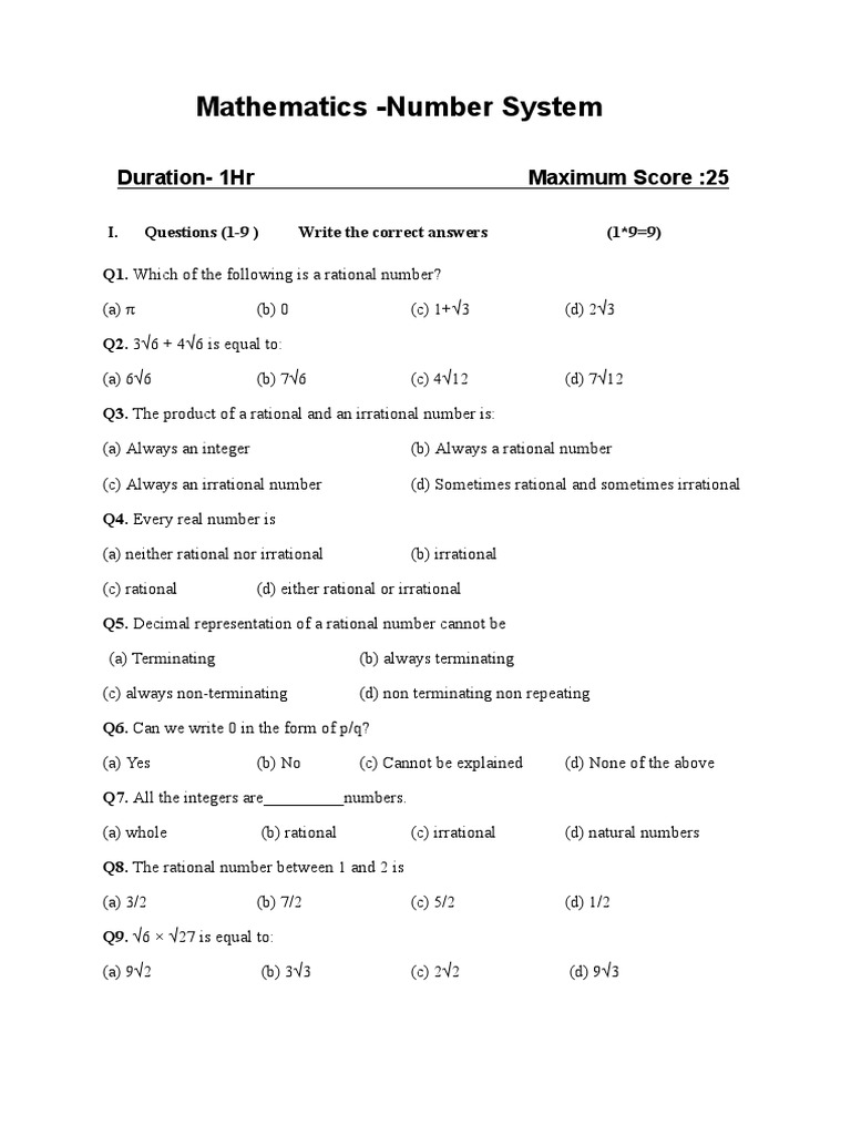 Class 9 Number System Test Paper | PDF | Numbers | Rational Number