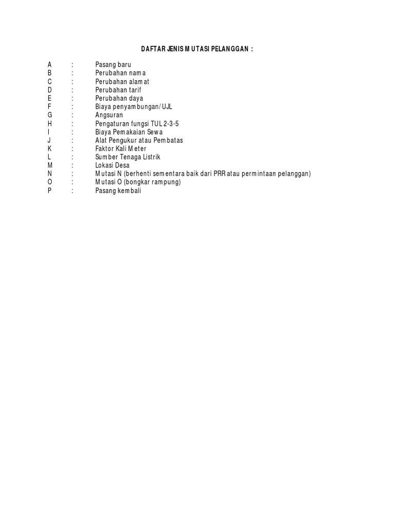 Daftar Jenis Mutasi Pelanggan | PDF