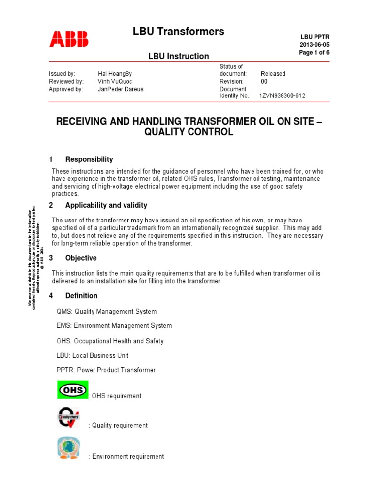 1ZVN938360-612 Receiving and handling transformer oil on site | PDF ...