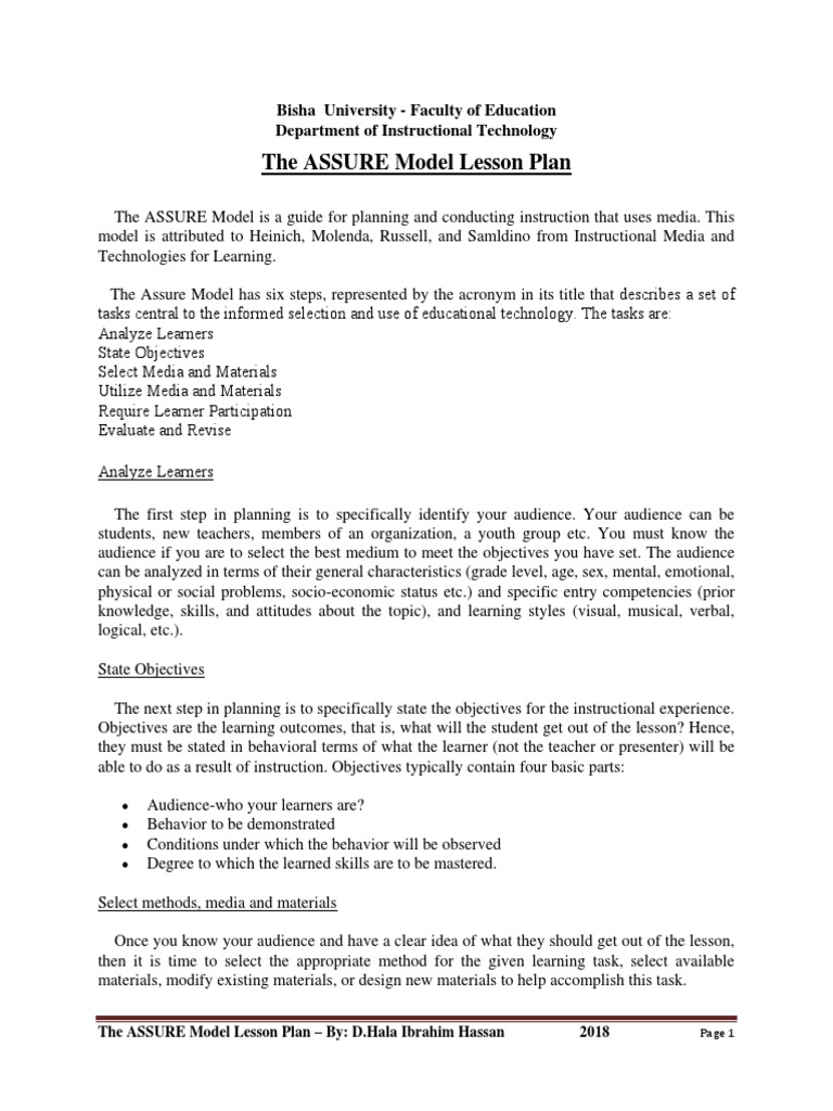 The ASSURE Model Lesson Plan 1 | PDF